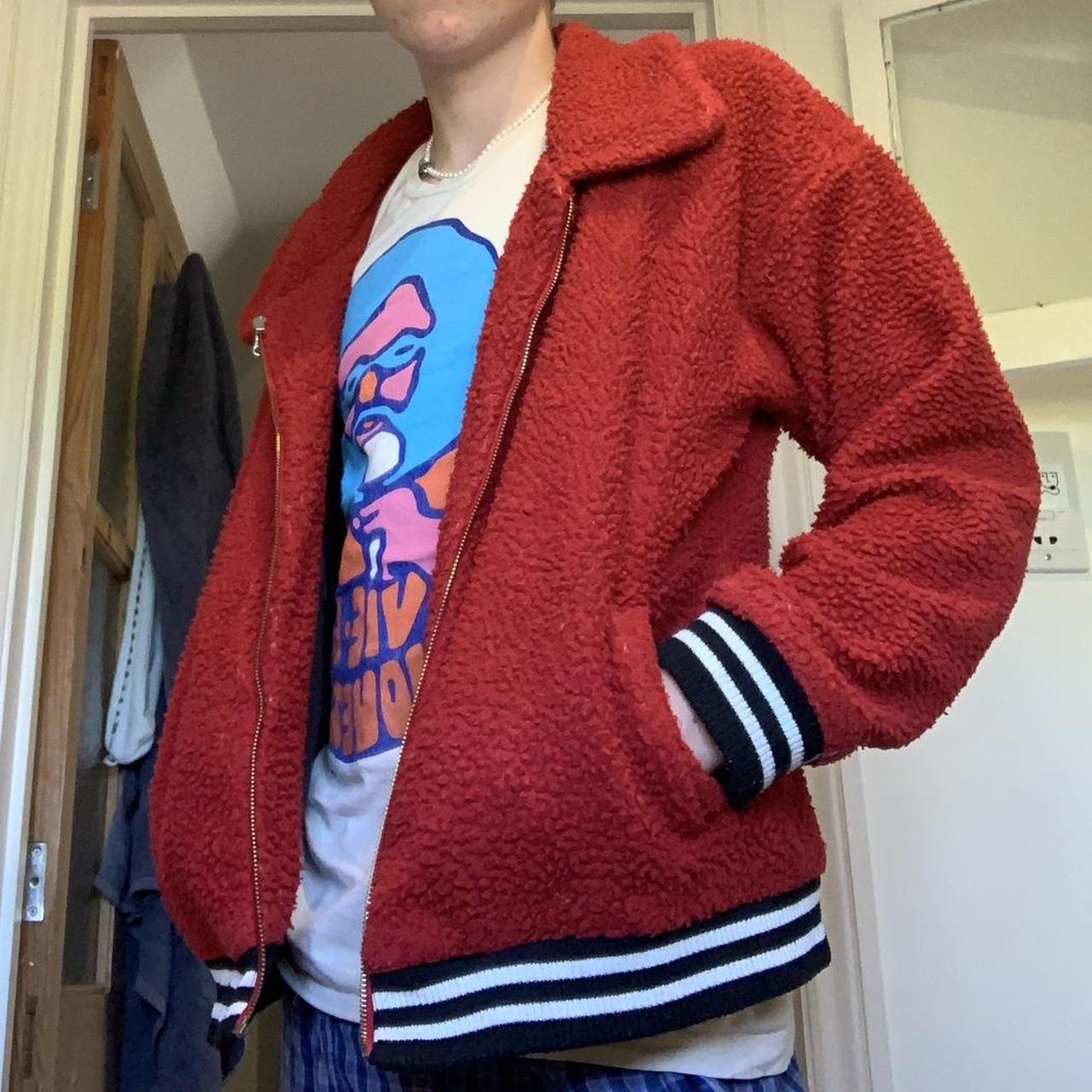 Lovely red fleece zip up jacket. Rip on inner lining... - Depop