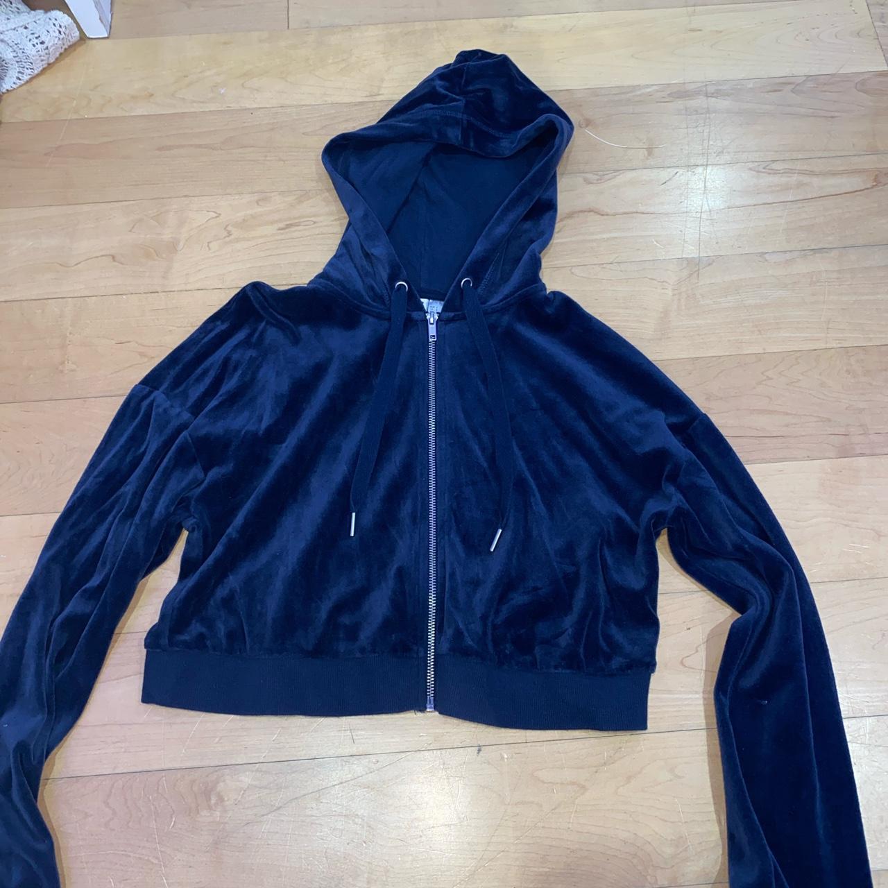 - H&M Divided Navy Velvet Cropped Hoodie - Super... - Depop