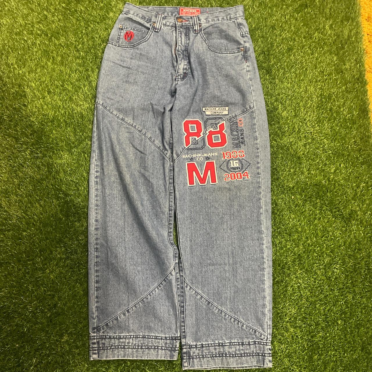 Y2K machine jeans, fire embroidery size 30/30 #y2k... - Depop