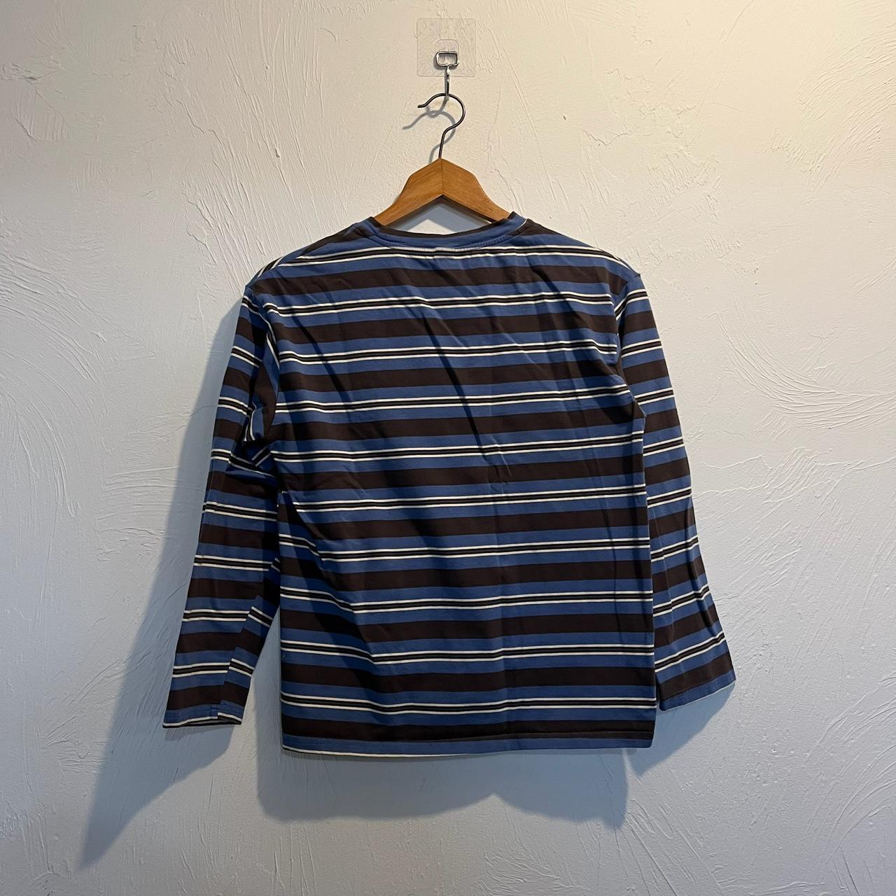 vintage 2000s boxy blue and brown striped long... | Depop
