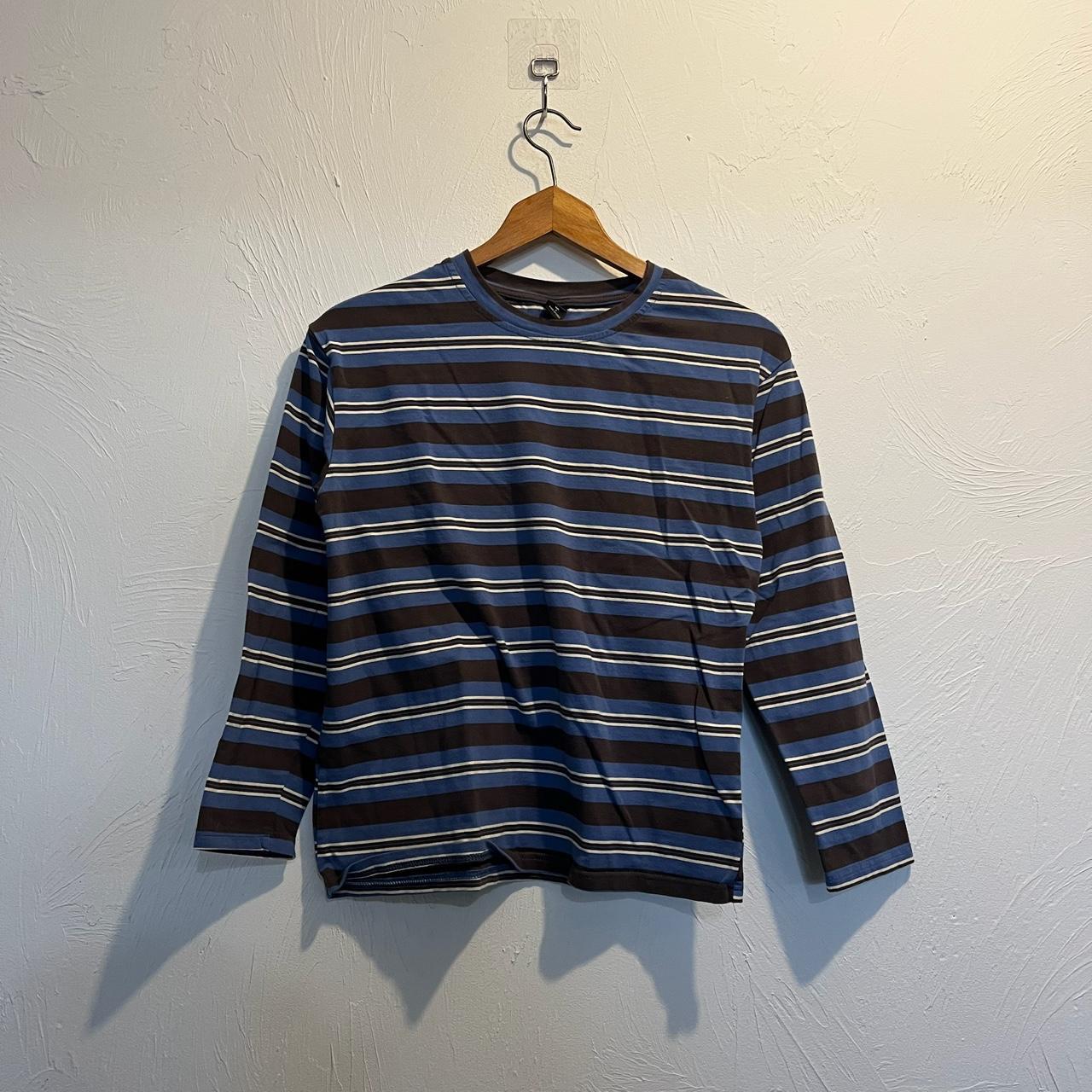 vintage 2000s boxy blue and brown striped long... | Depop