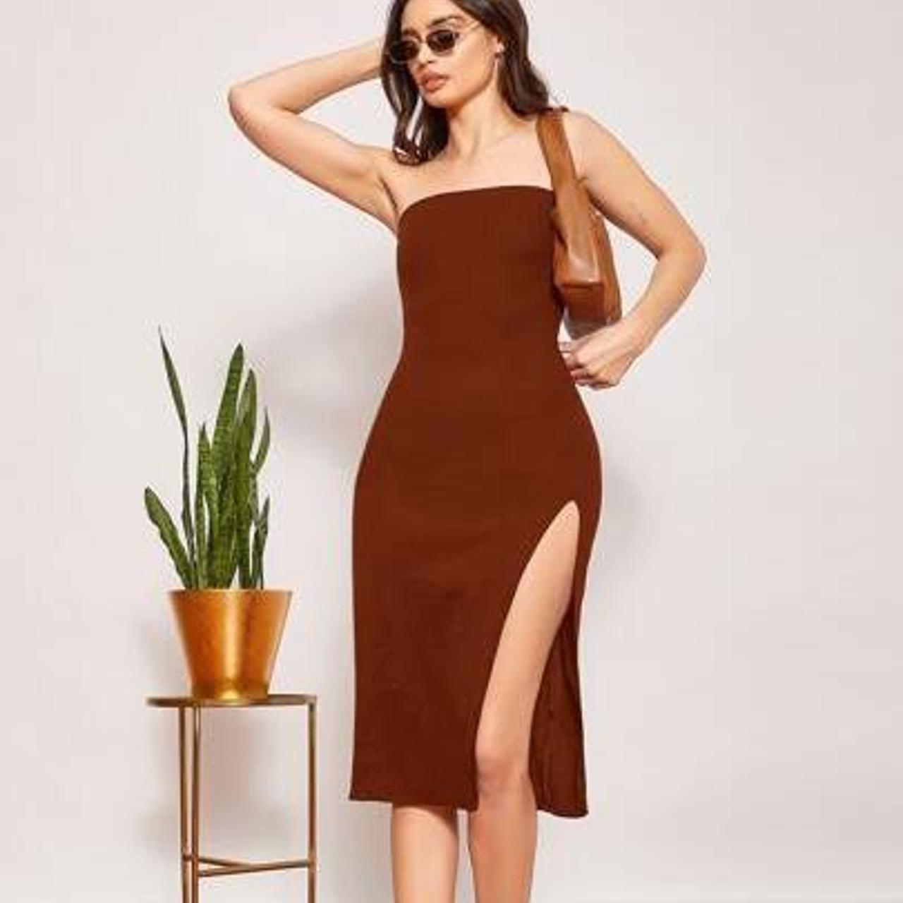 Brand new brown tube shein dress Size L 8/10 - Depop
