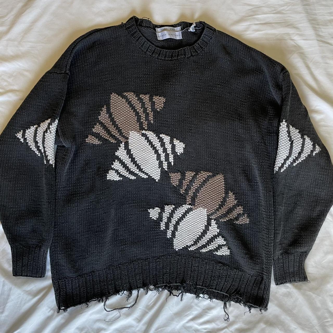 Dark gray hand knit ‘concha’ design sweater SIZE L... - Depop