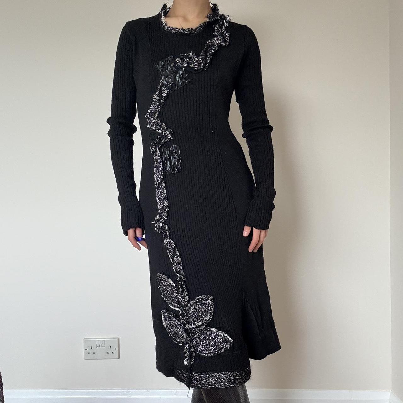 Black knitted midi dress with floral embroidery 🥀... | Depop