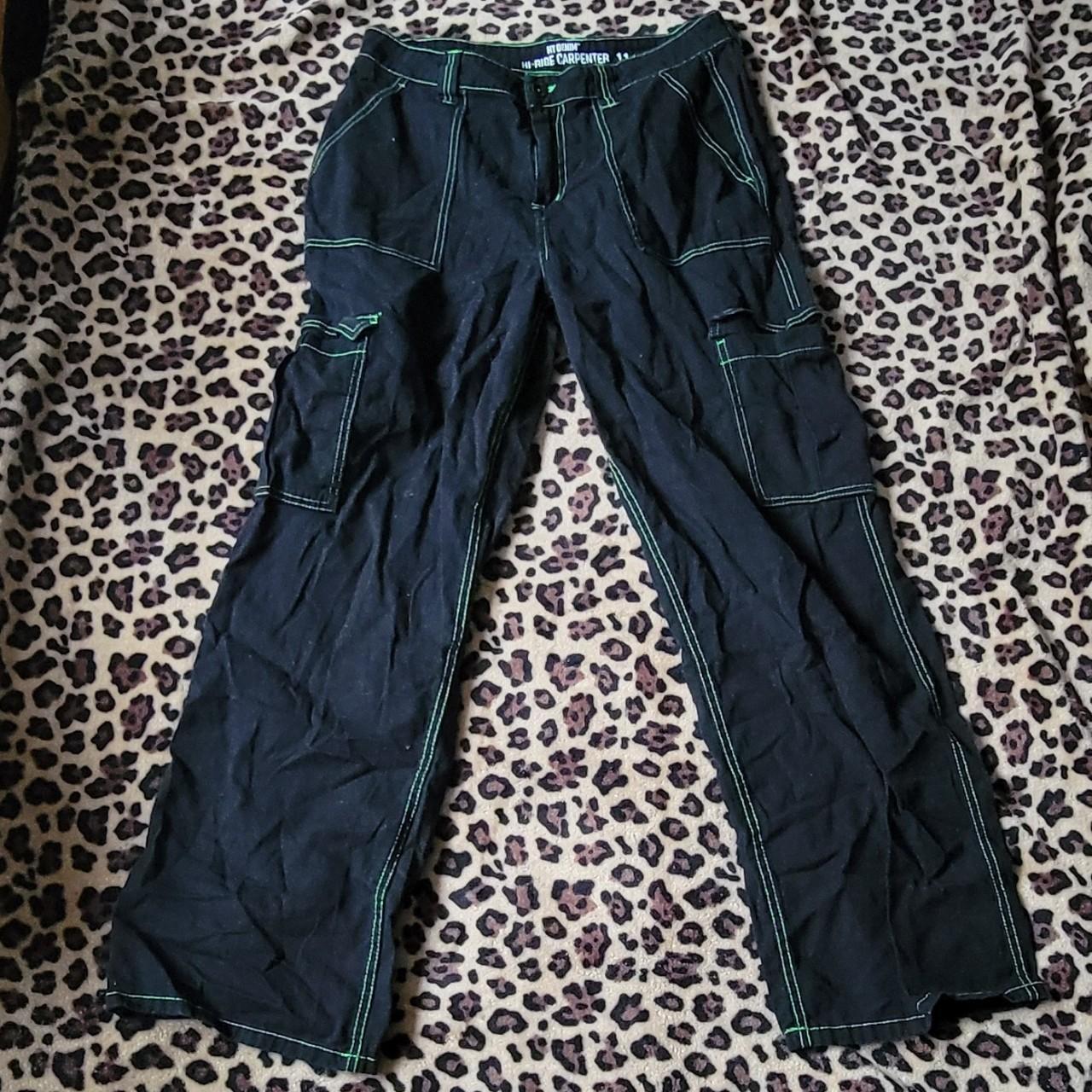 Baggy black hot topic pants with neon green... | Depop