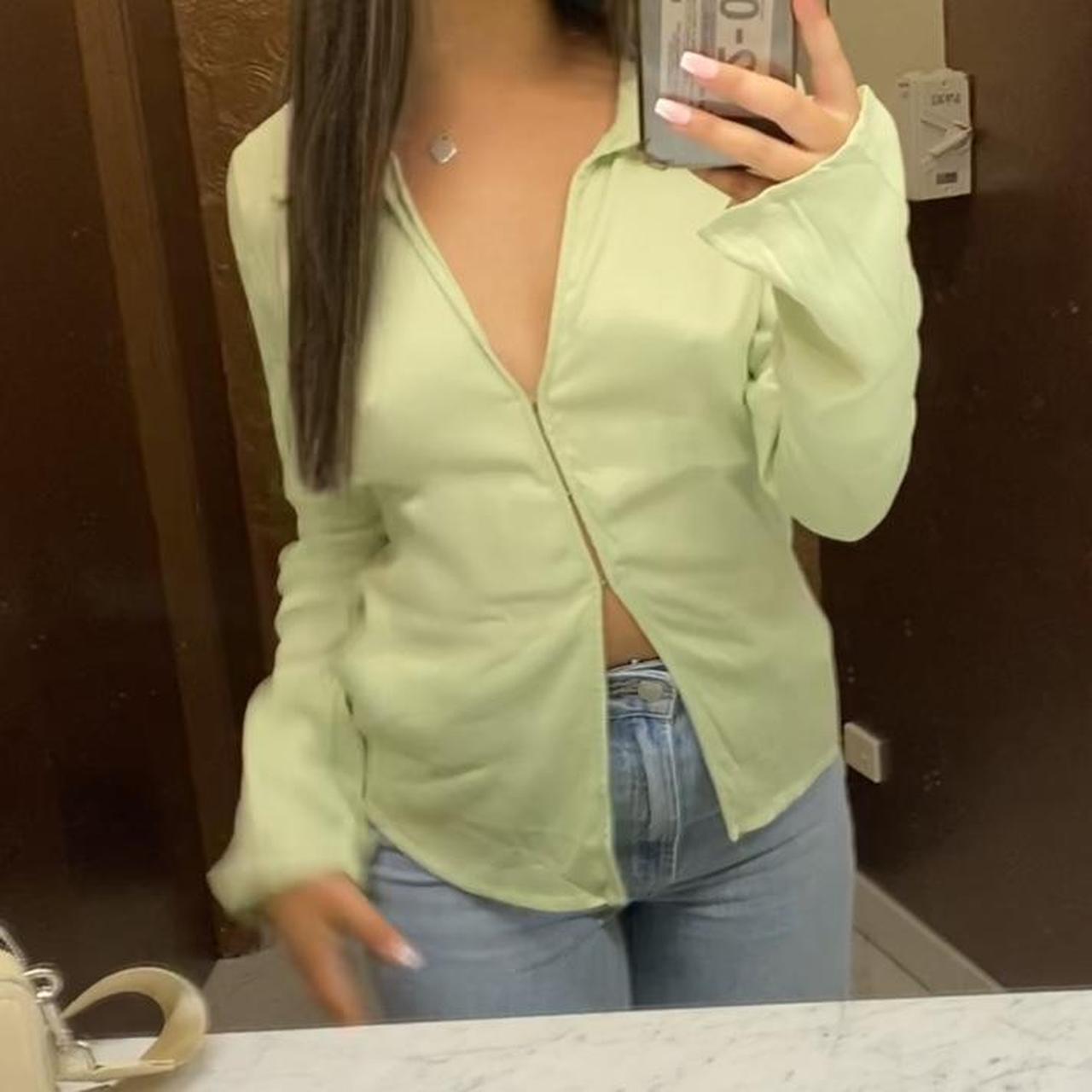 Glassons; green satin long sleeve hook blouse Size... | Depop