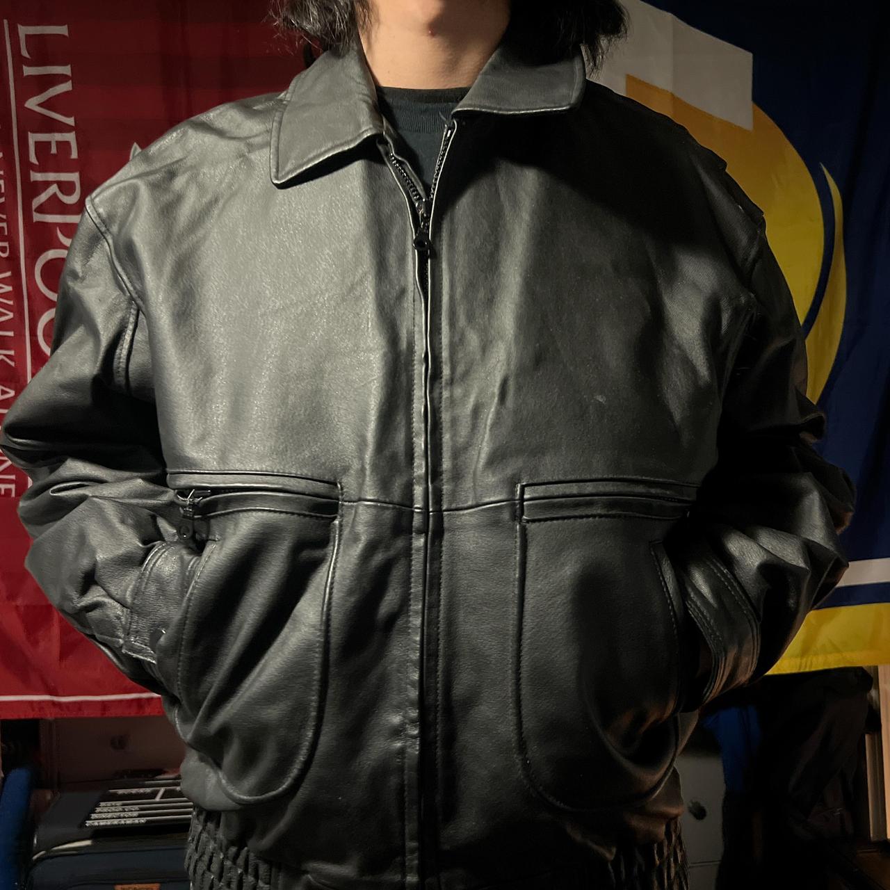 vintage black leather bomber jacket •worn a... - Depop