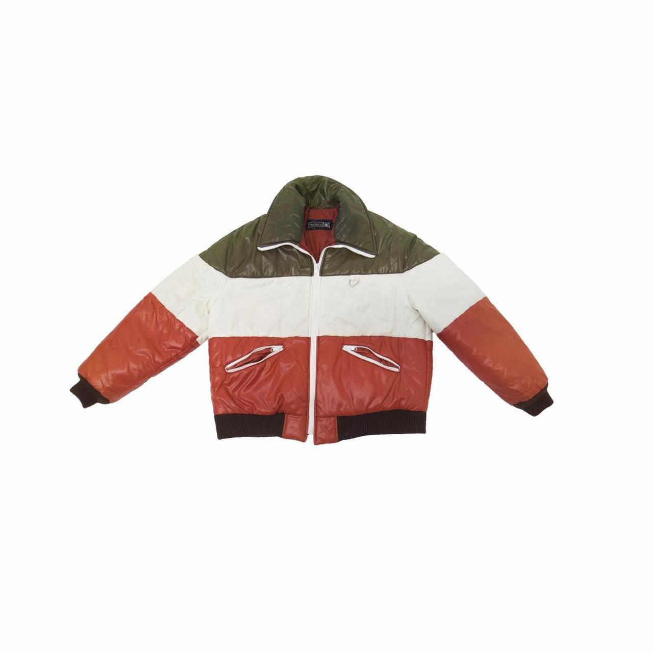 tri color puffer jacket Sooo good / size mens L by... - Depop