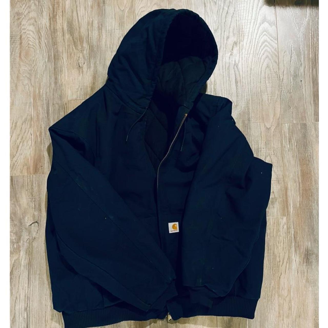 Navy blue Carhartt hooded work style jacket. Perfect... - Depop