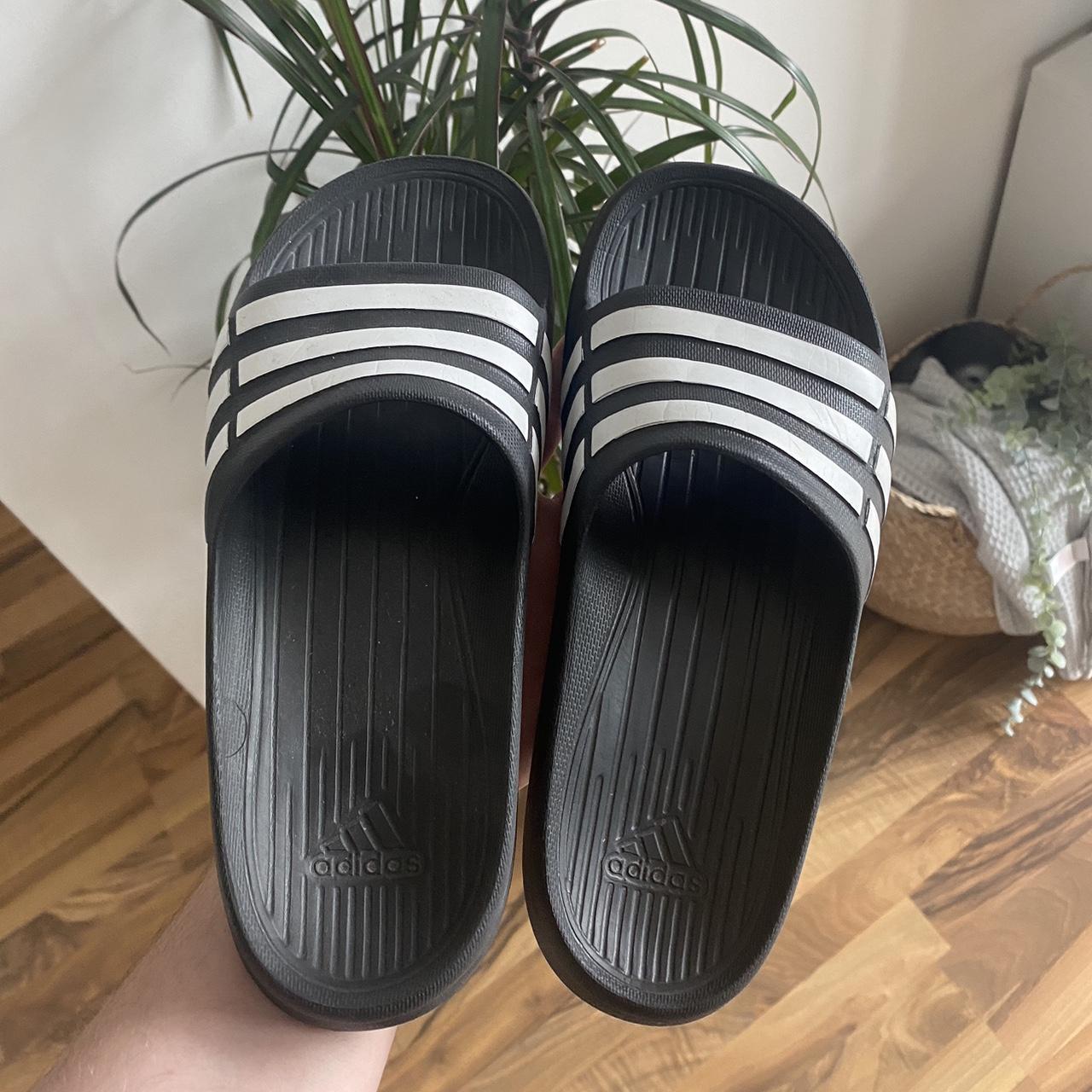 Adidas sliders size 5 ️ black and white colour... - Depop