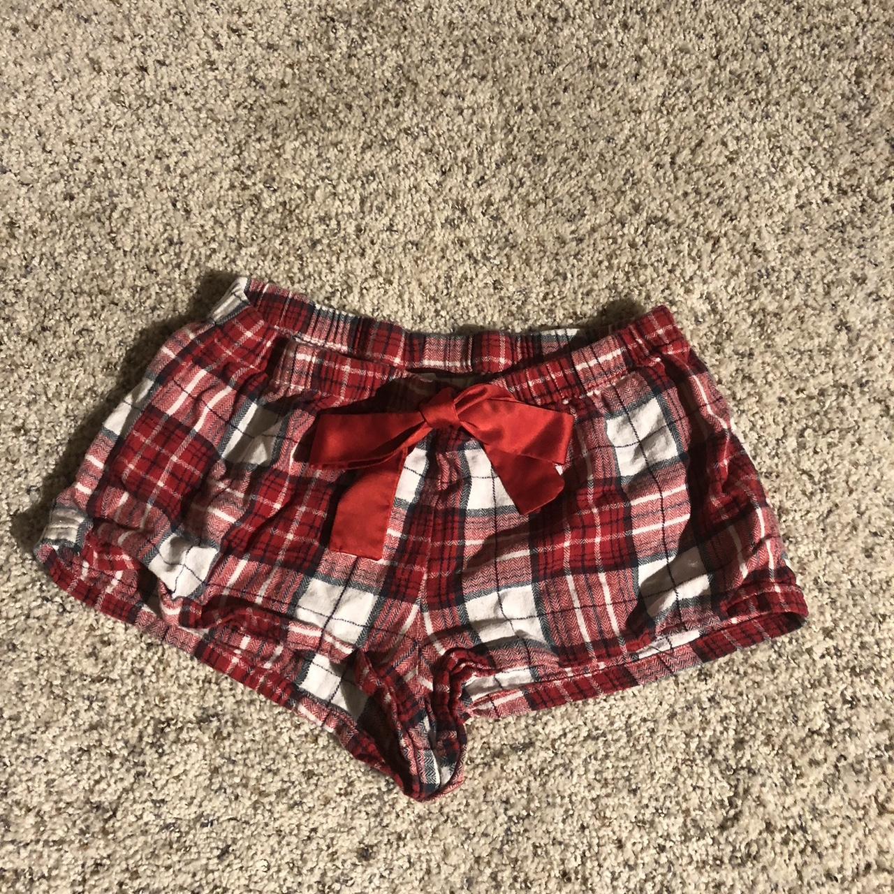 Plaid flannel pj shorts with drawstring ribbon tie... - Depop