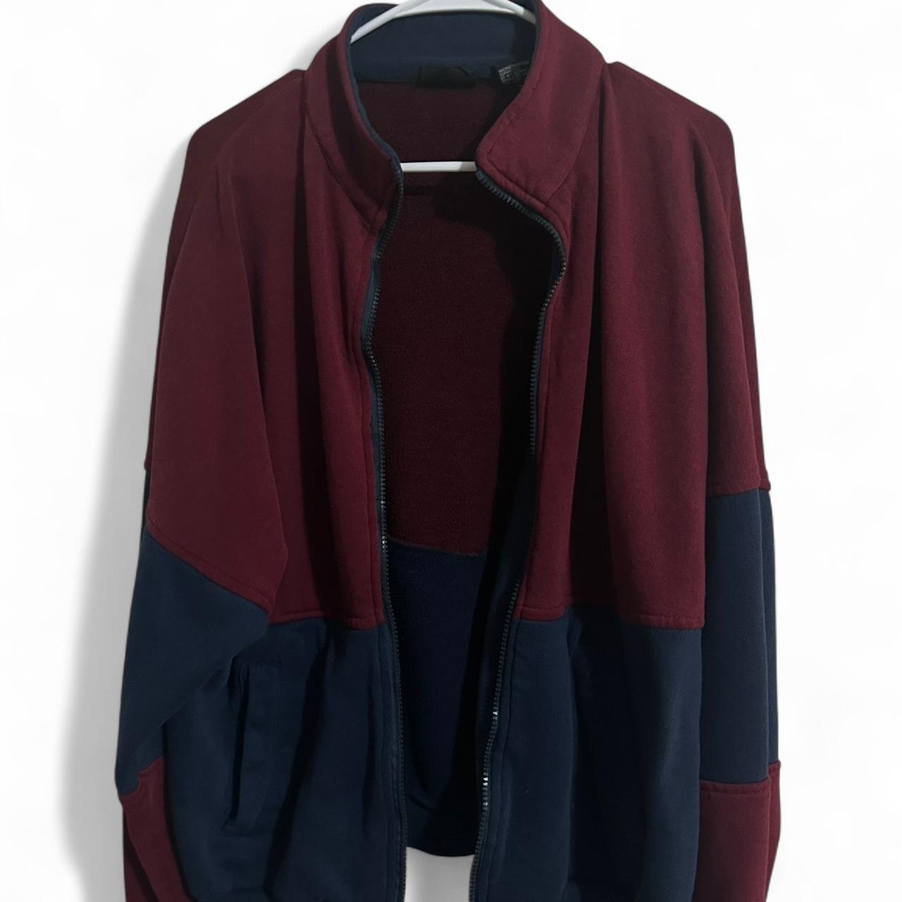 Burgundy and navy blue color block zip up... | Depop