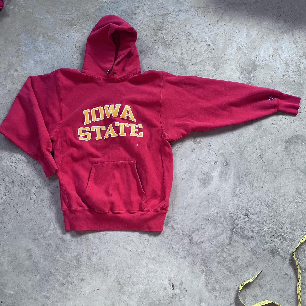 90s Champion Iowa State Red and Yellow Logo Hoodie... - Depop