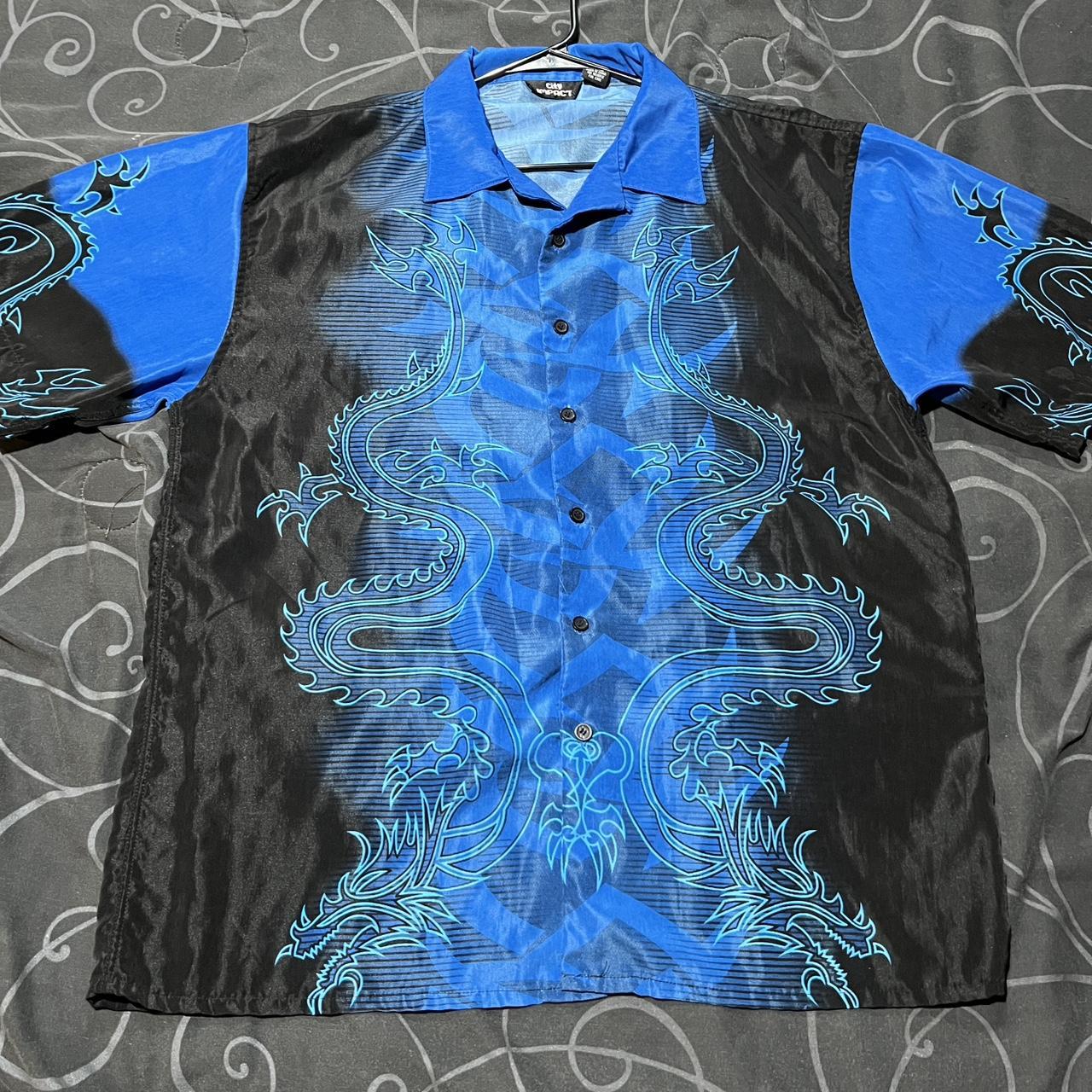 Blue and black 00’s Dragon print button up shirt... - Depop