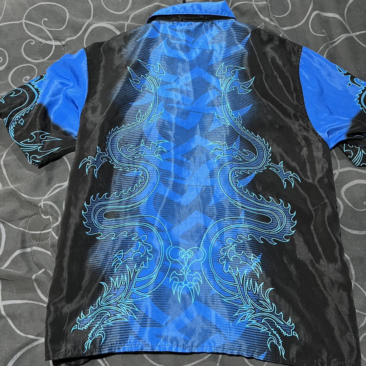 Blue and black 00’s Dragon print button up shirt... - Depop