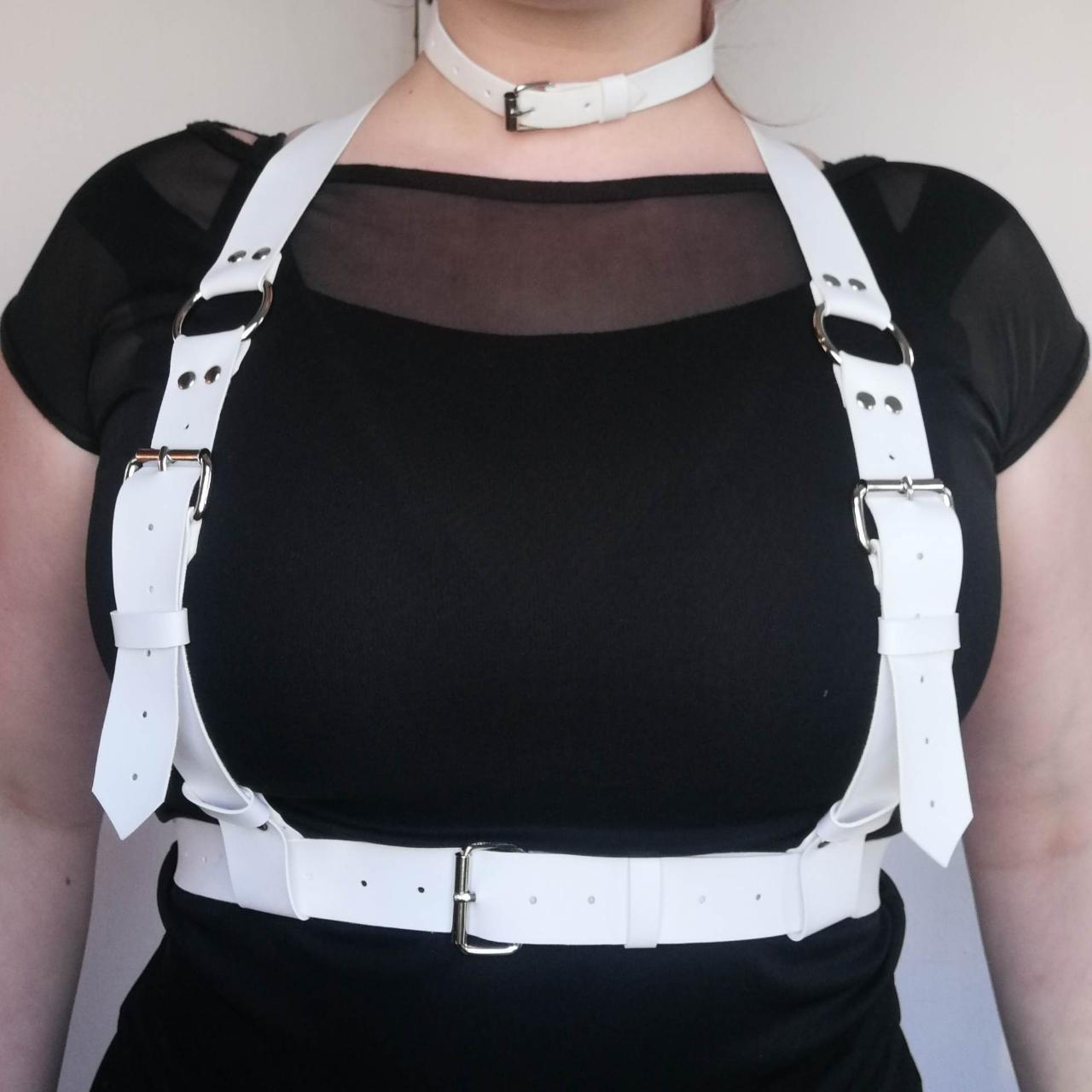 White futuristic vegan leather chest harness with a... - Depop