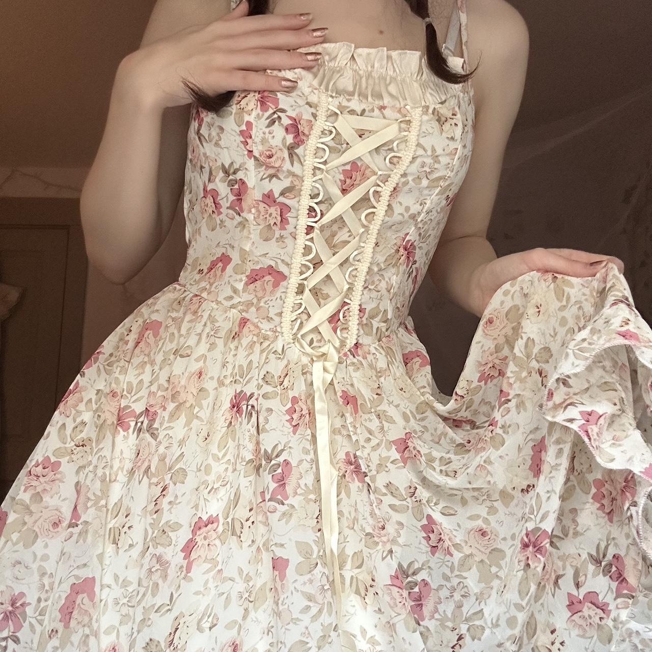 Shein pink and cream floral cottage core fairy... - Depop