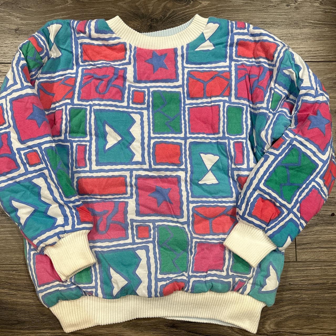 Vintage 80s Thick Lined sweater Medium Abstract... - Depop