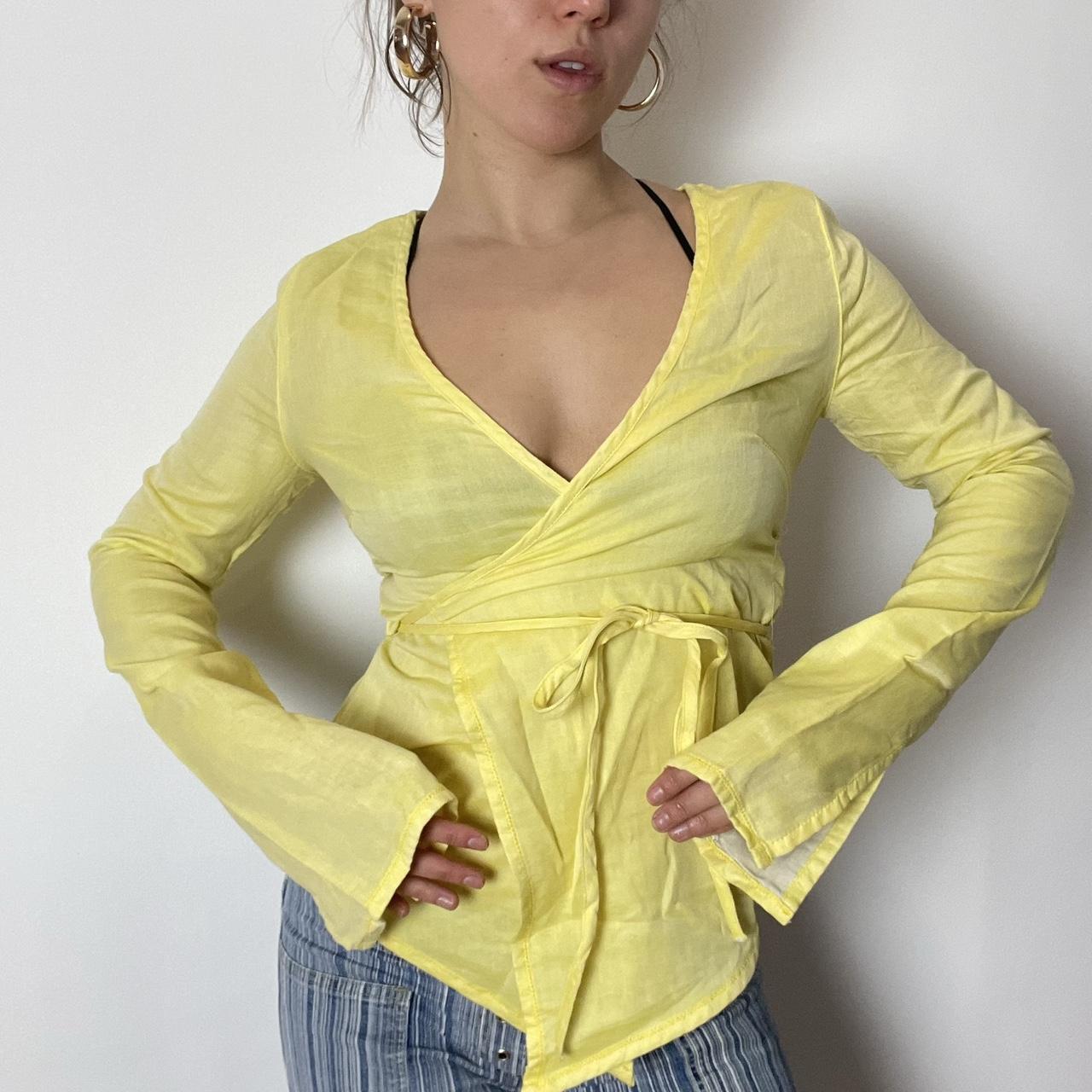 Most gorgeous !! Vintage y2k yellow linen wrap top... - Depop