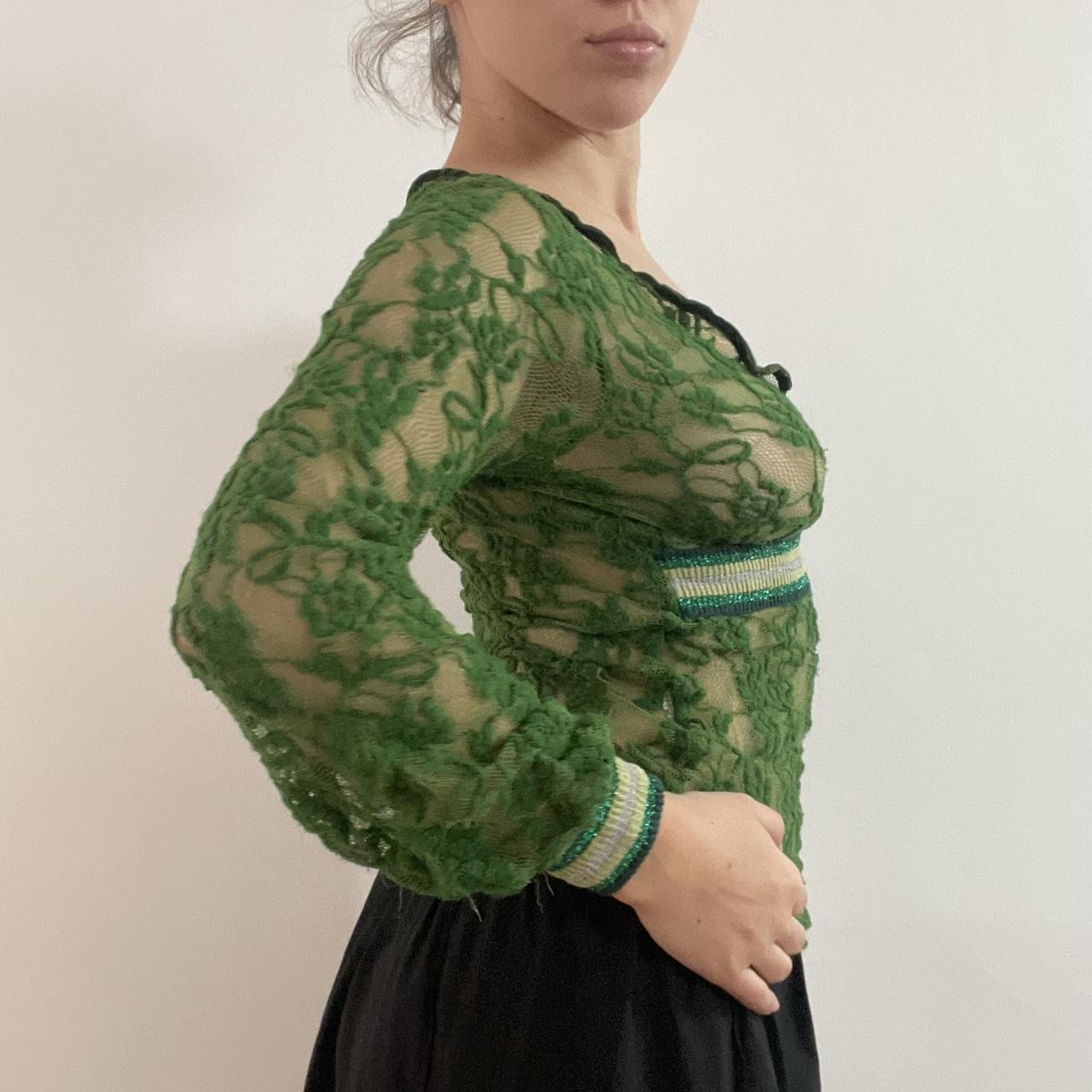 sheer green v neck top with floral lace detailing -... - Depop