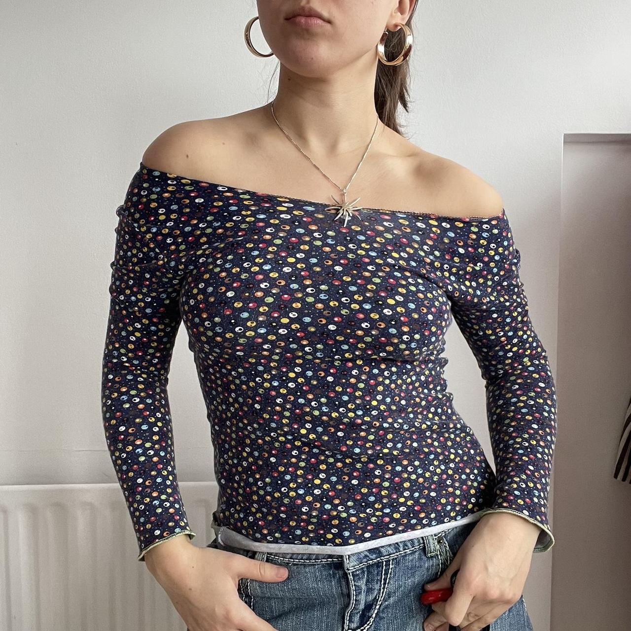 navy blue spotty top - so comfy, can be worn wide... - Depop