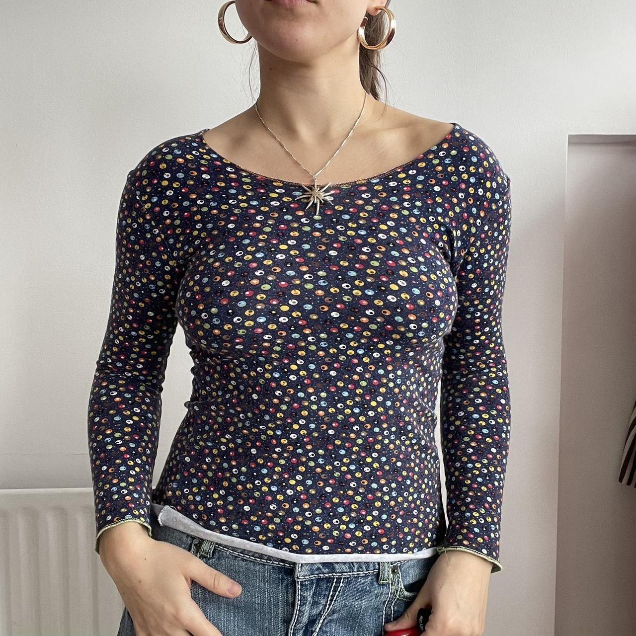 navy blue spotty top - so comfy, can be worn wide... - Depop