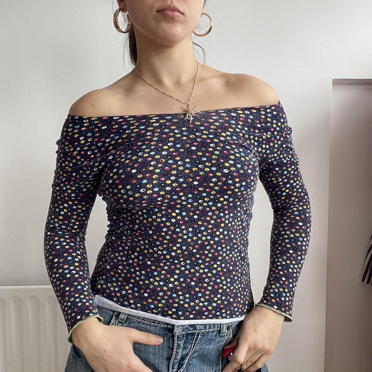 navy blue spotty top - so comfy, can be worn wide... - Depop