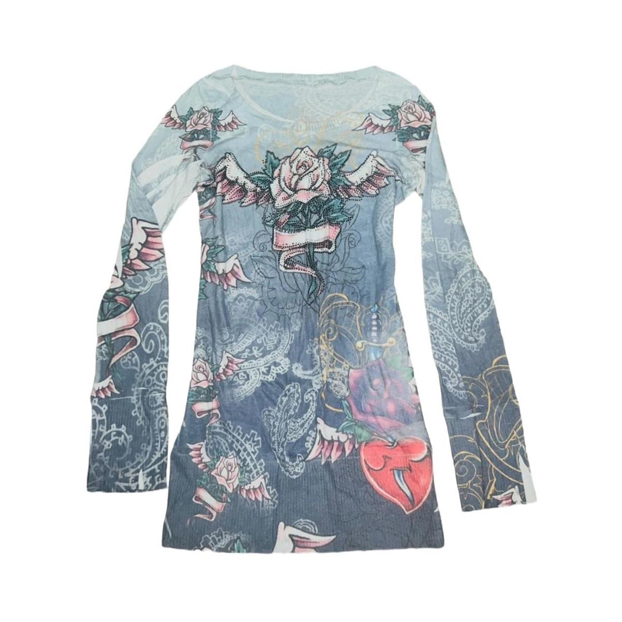 womens tattoo ed hardy lookalike all over graphic... - Depop