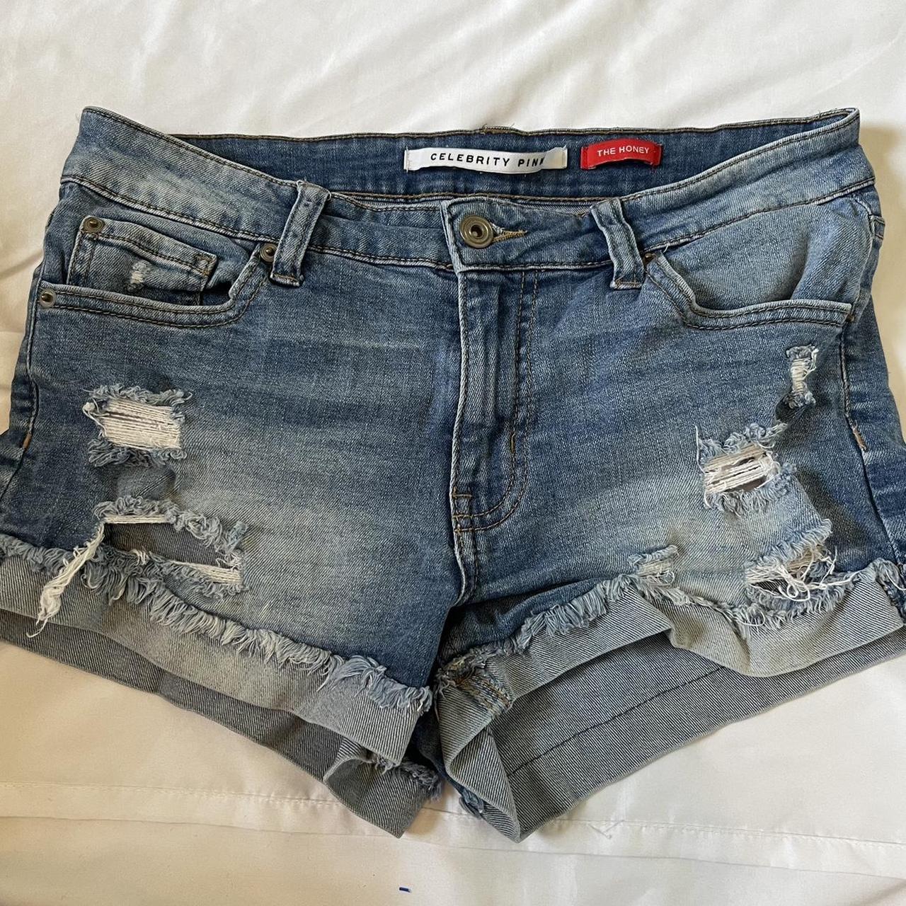 blue denim shorts with rips and distressed... - Depop