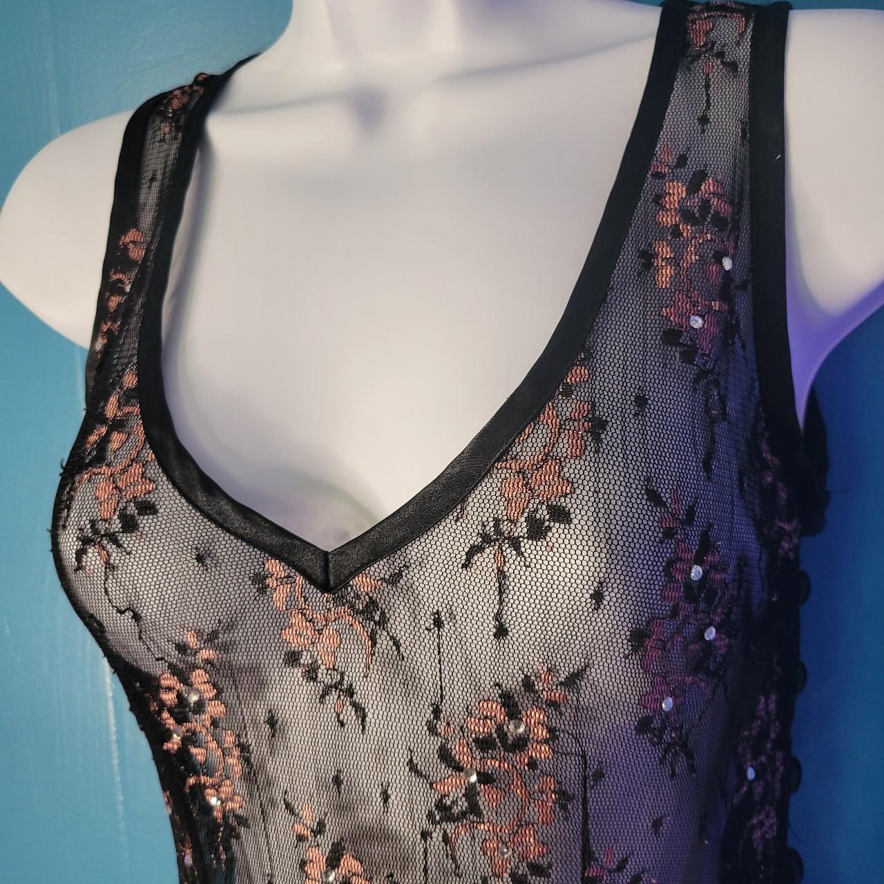 🌸Vintage 2000's Black Sheer Rose Gold Floral and... - Depop