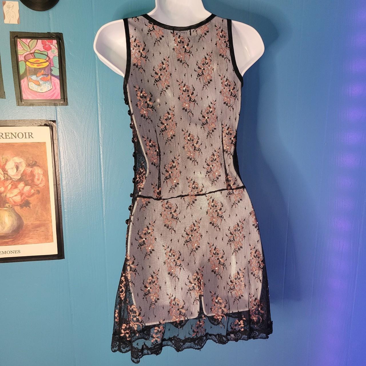 🌸Vintage 2000's Black Sheer Rose Gold Floral and... - Depop