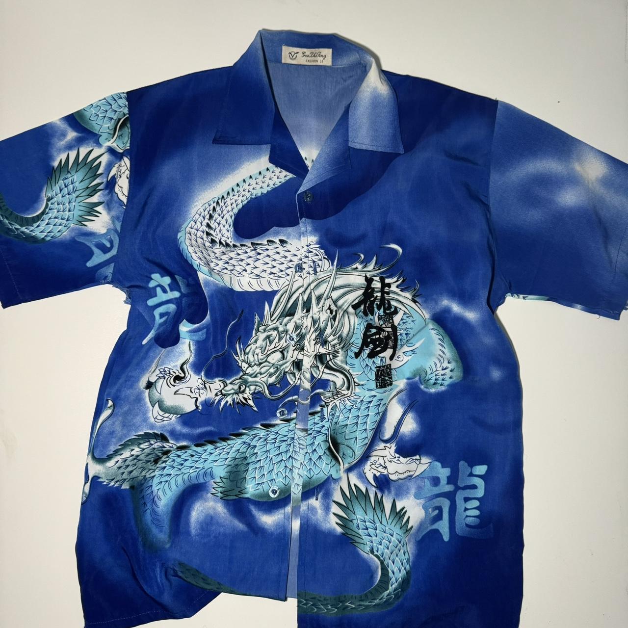 Blue Graphic Hawaiian dragon print button up shirt.... - Depop