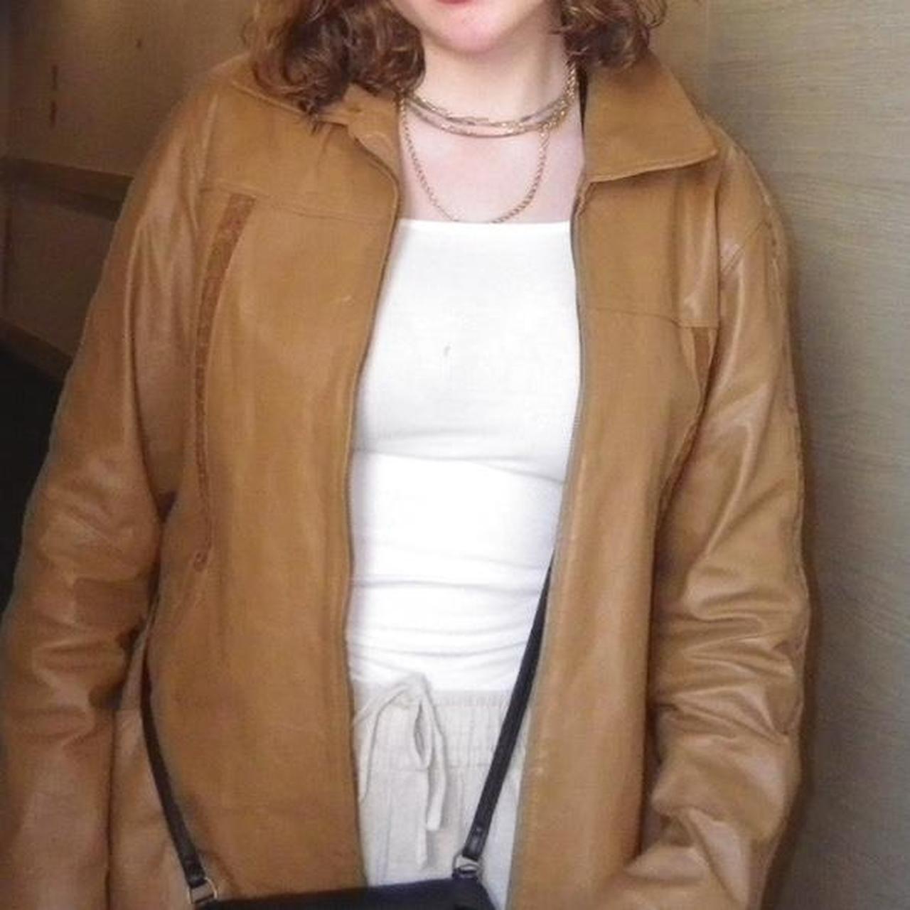 Large Brown Omint Leather jacket with braiding on... - Depop