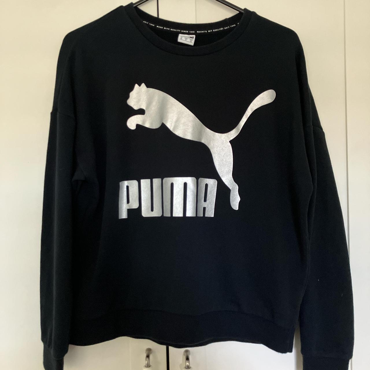 Black Puma Jumper with silver logo Hardly worn Size XS - Depop