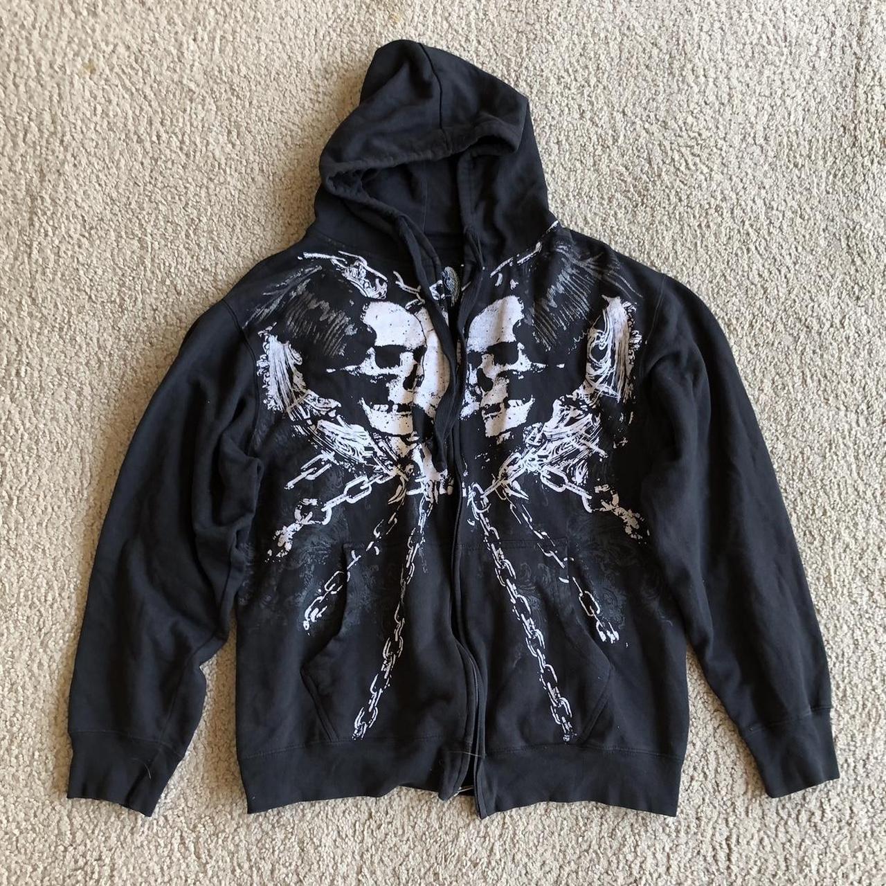 goth skull zip up jacket all over chains & wings... - Depop