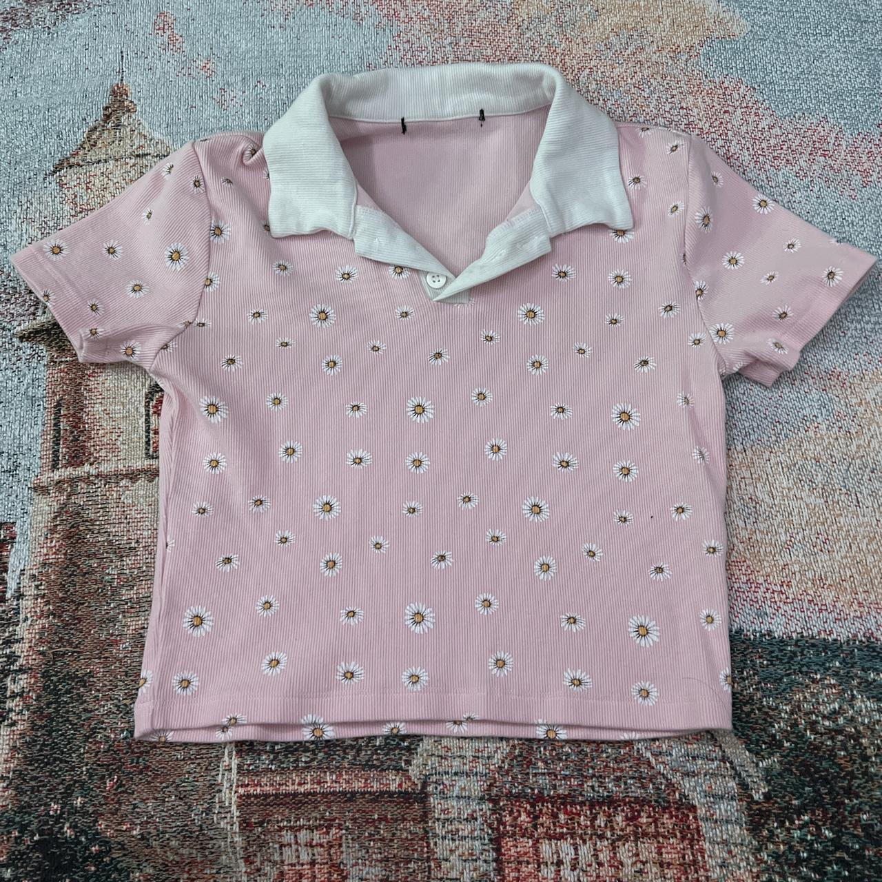 -Floral Pink Preppy Polo Crop Top -No tag but would... - Depop