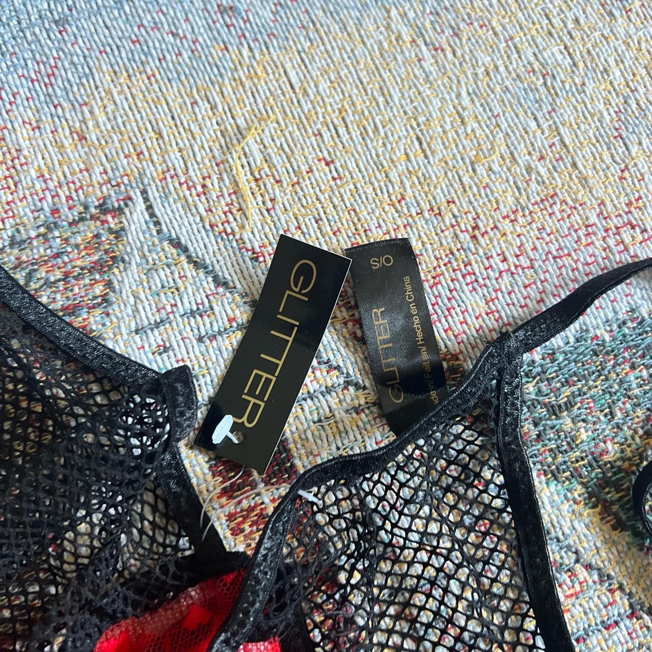 -Fishnet/ Heart Design Sheer Halter Ribbon Lingerie... - Depop