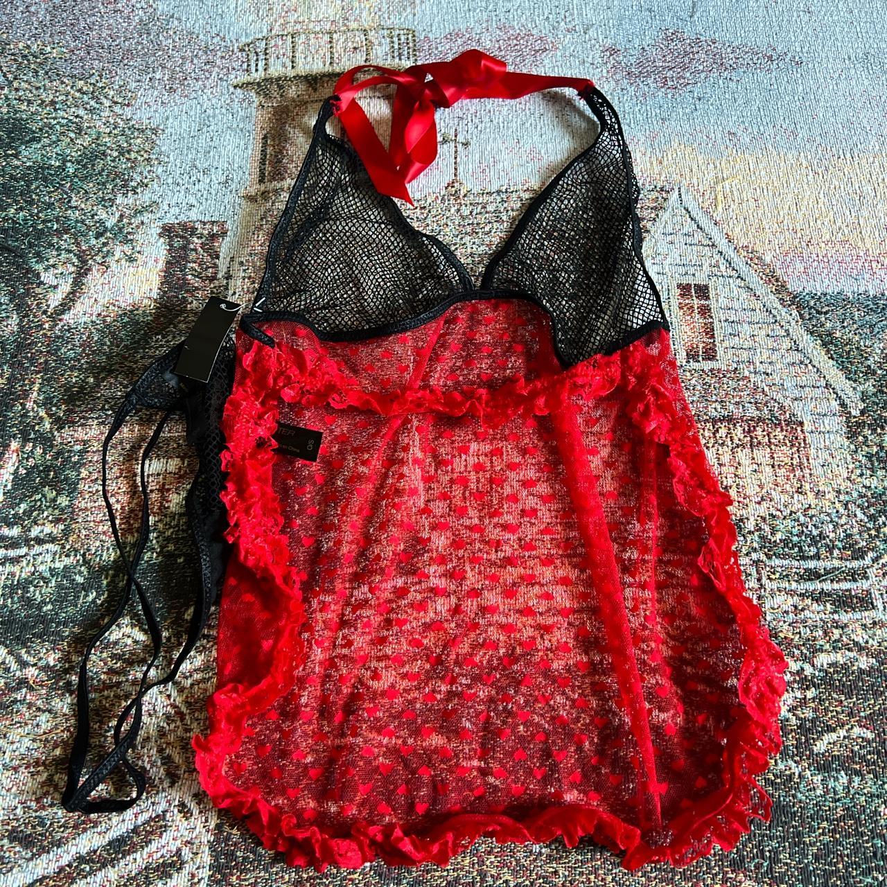 -Fishnet/ Heart Design Sheer Halter Ribbon Lingerie... - Depop