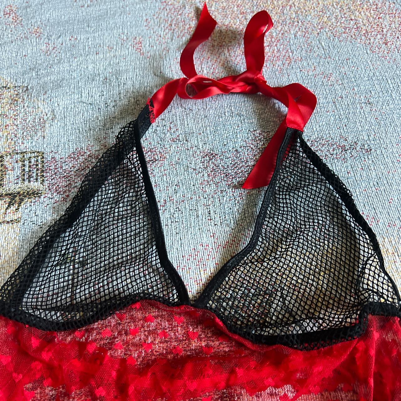 -Fishnet/ Heart Design Sheer Halter Ribbon Lingerie... - Depop