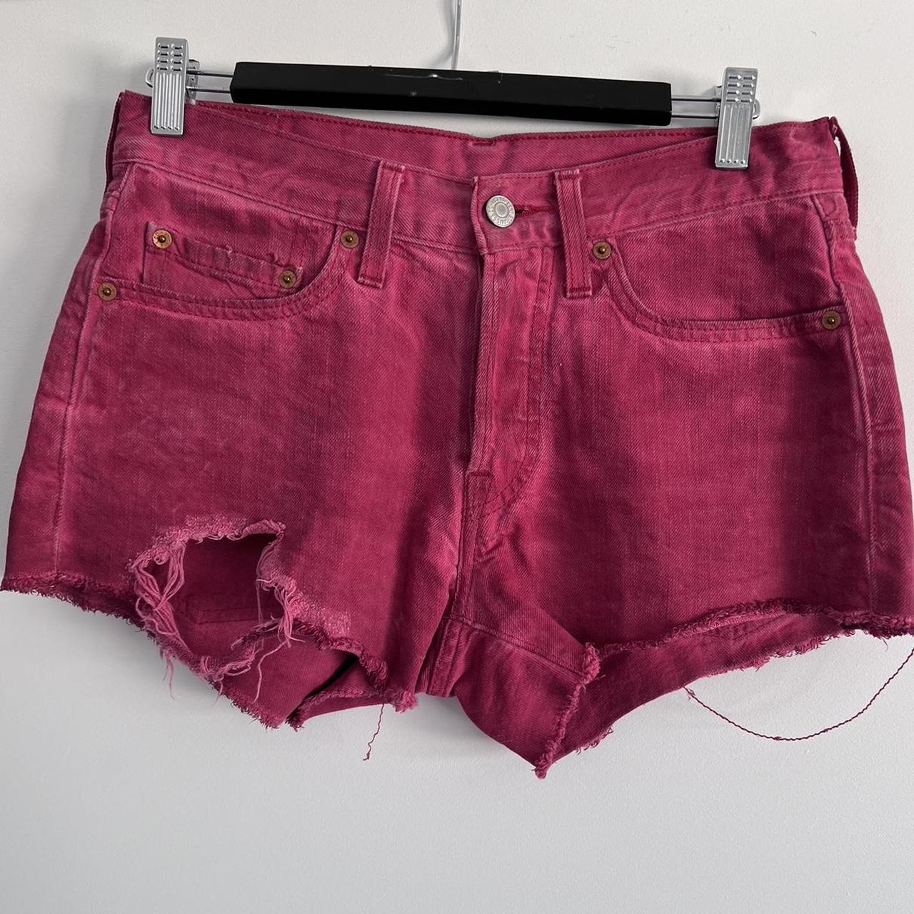 Red Levis ripped shorts Size 8 #reddenim... - Depop