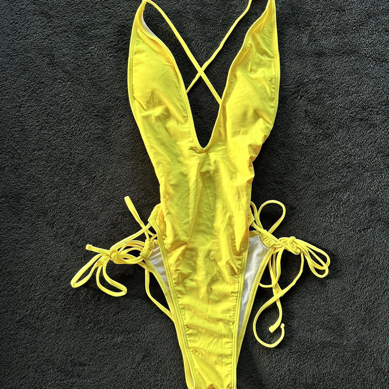 Yellow high rise one piece swimsuit with cross back... - Depop