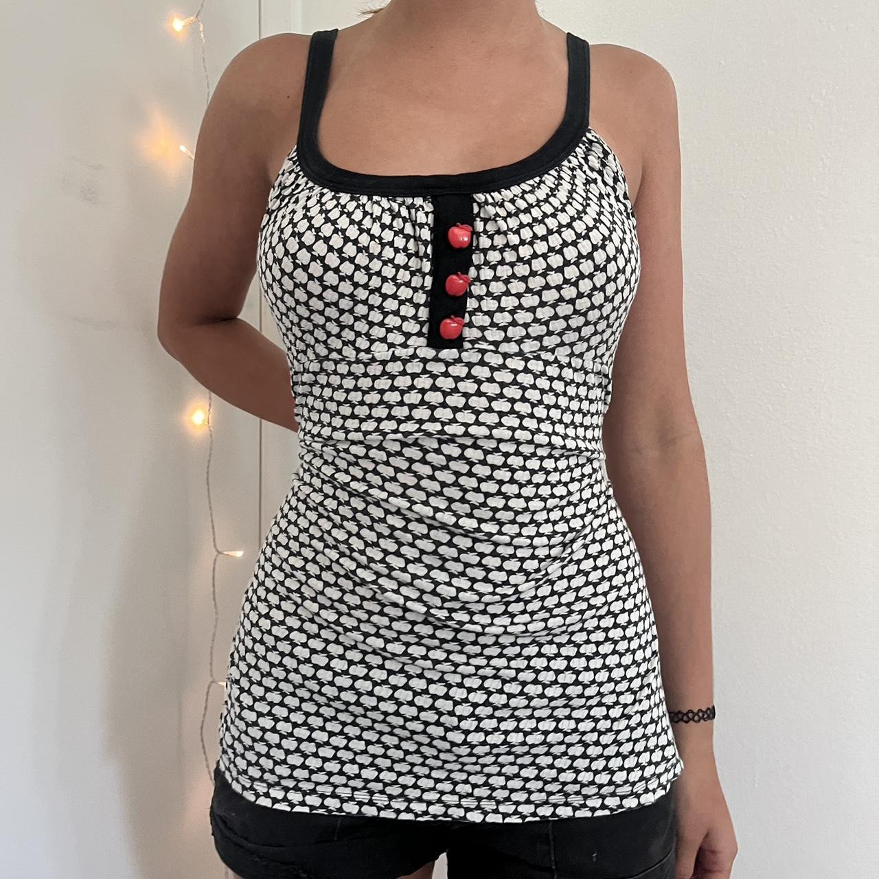 Black and white Apple tank top with red buttons - Depop