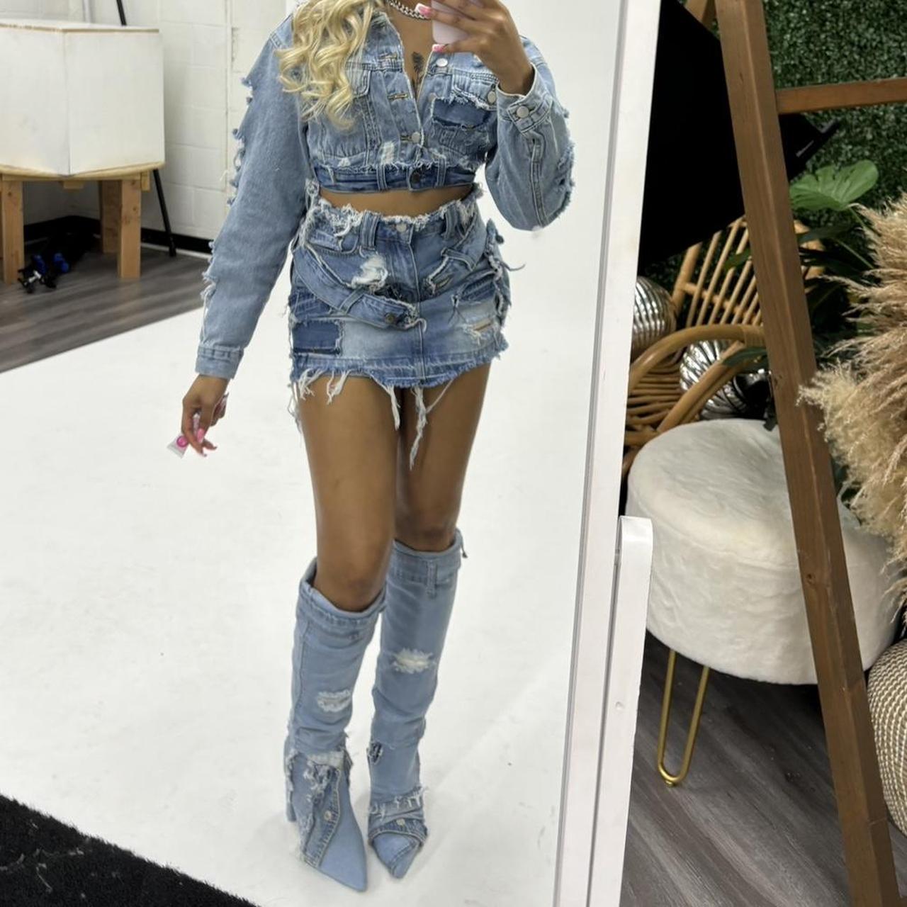 Custom Denim Set Jacket , Skirt , Boots included... - Depop