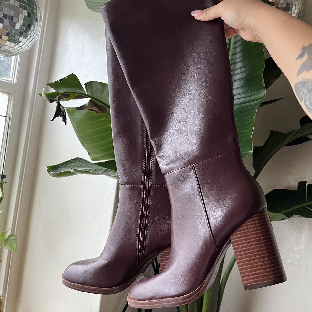 Never worn Burgundy leather knee high boots with... - Depop