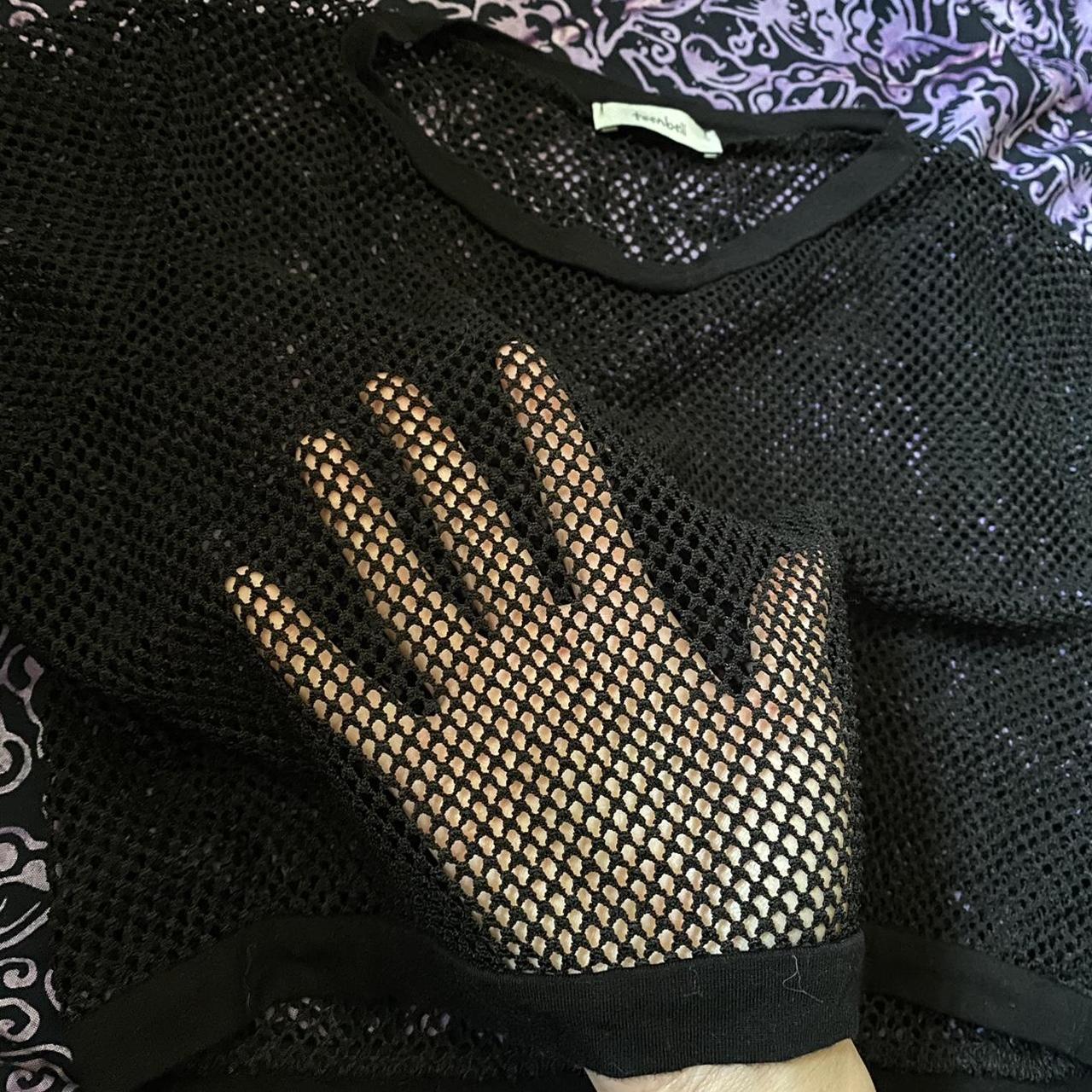 black fishnet crop top no size listed but fits like... - Depop
