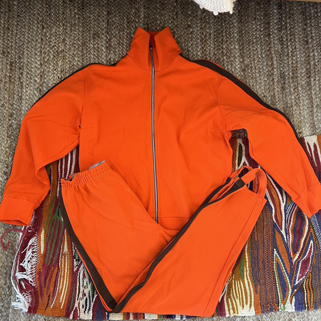 Vintage Poly jump suit orange brown stripe Size... - Depop