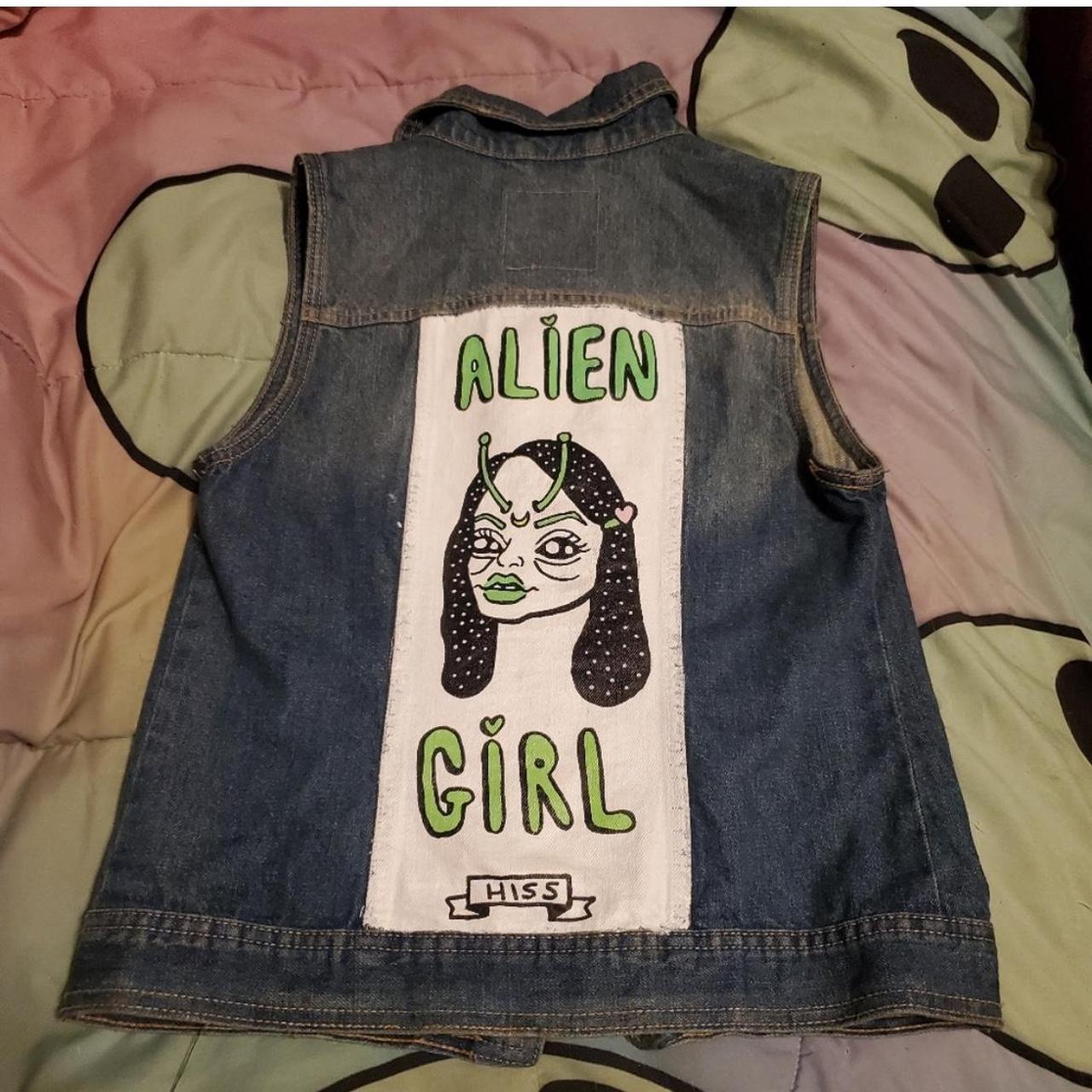 Hand painted alien girl Jean vest jacket by Hiss a... | Depop