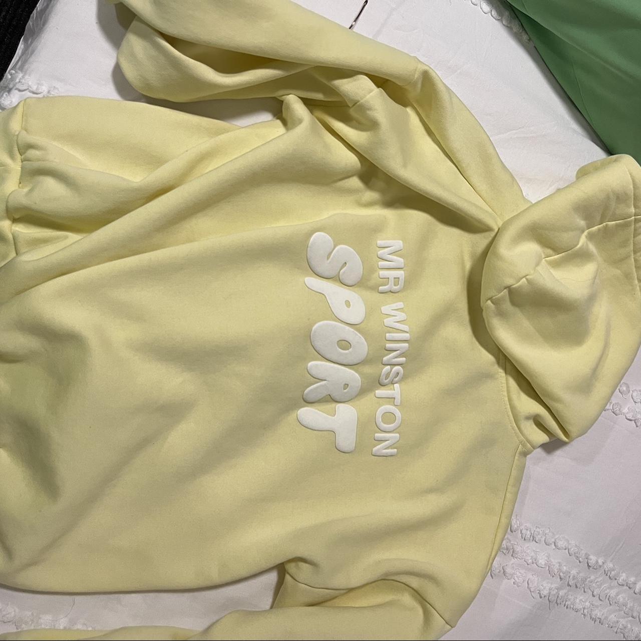 Mr winston yellow puff hoodie small stains and... - Depop