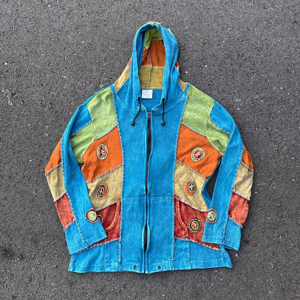 Blue and multi-coloured patchwork zip-up hoodie with... - Depop