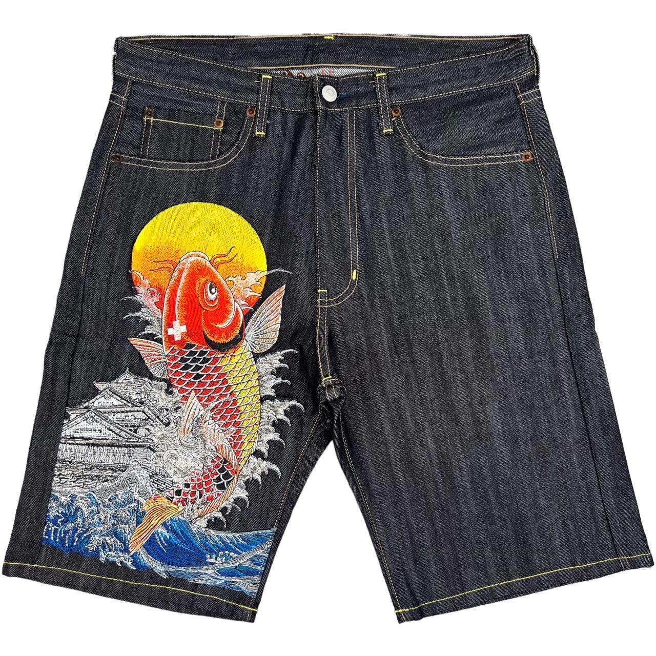 Sugoi Embroidered Koi & Sun Japanese Denim Shorts... - Depop
